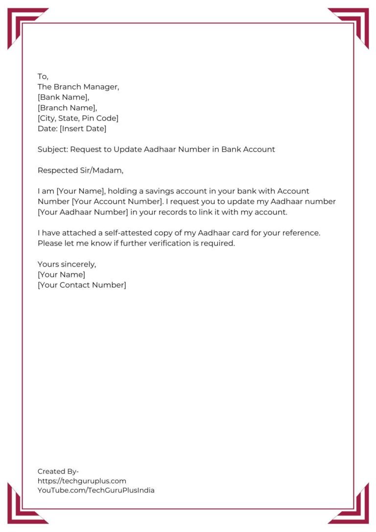 Application for Updating Aadhaar Number in Bank Account [5 Format]