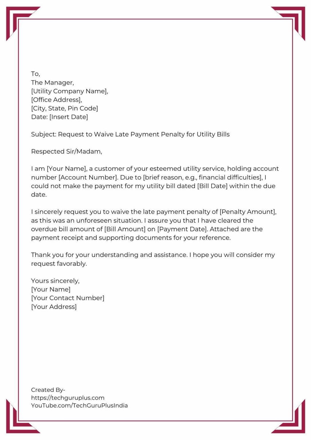Application for Waiving Late Payment Penalty for Utility Bills [5 Format]