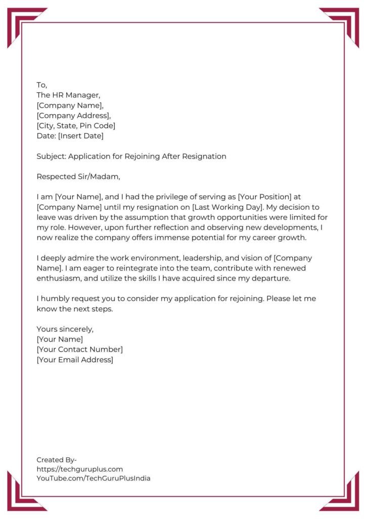 Application for Rejoining After Resignation [5 Format]