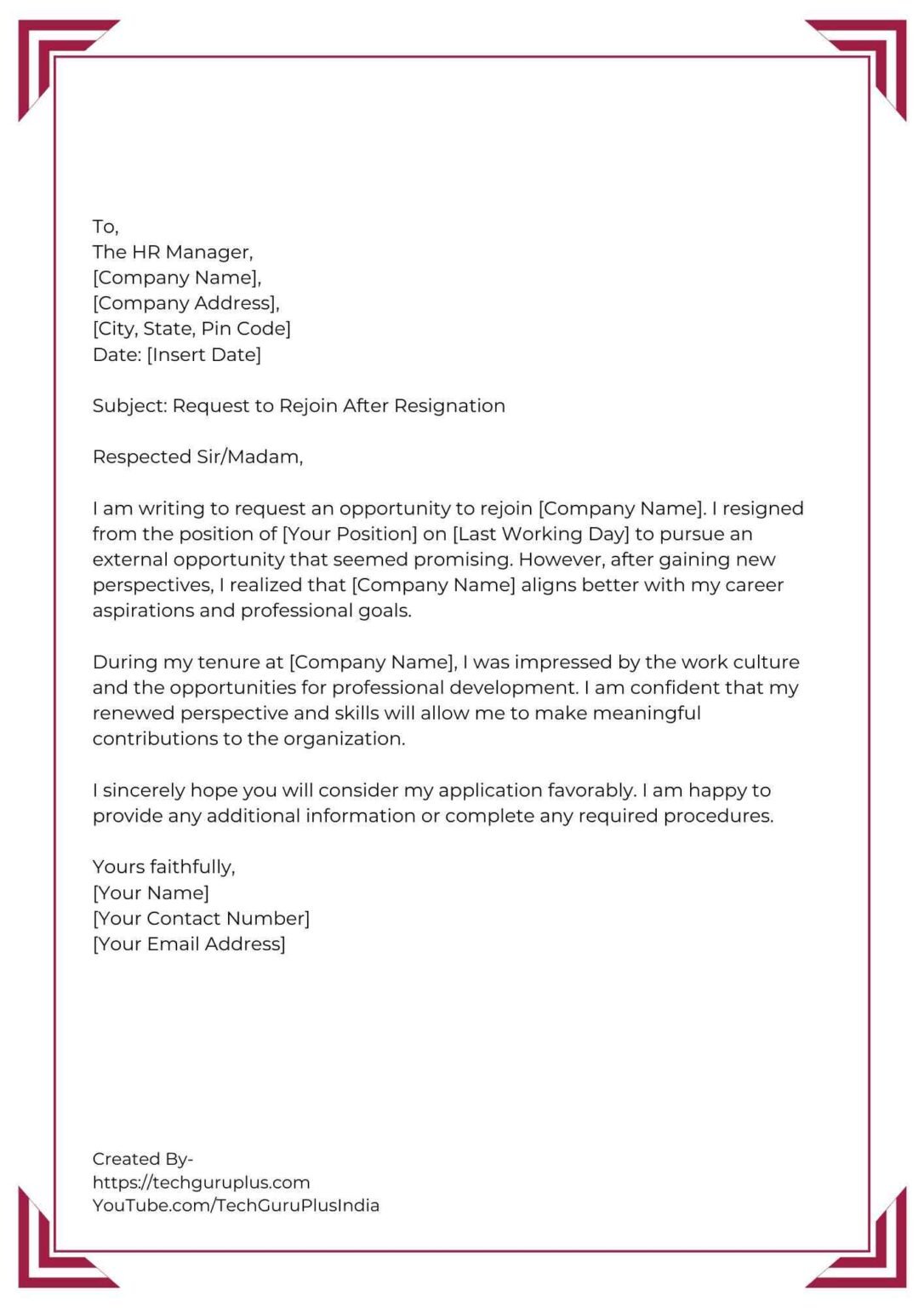 Application for Rejoining After Resignation [5 Format]