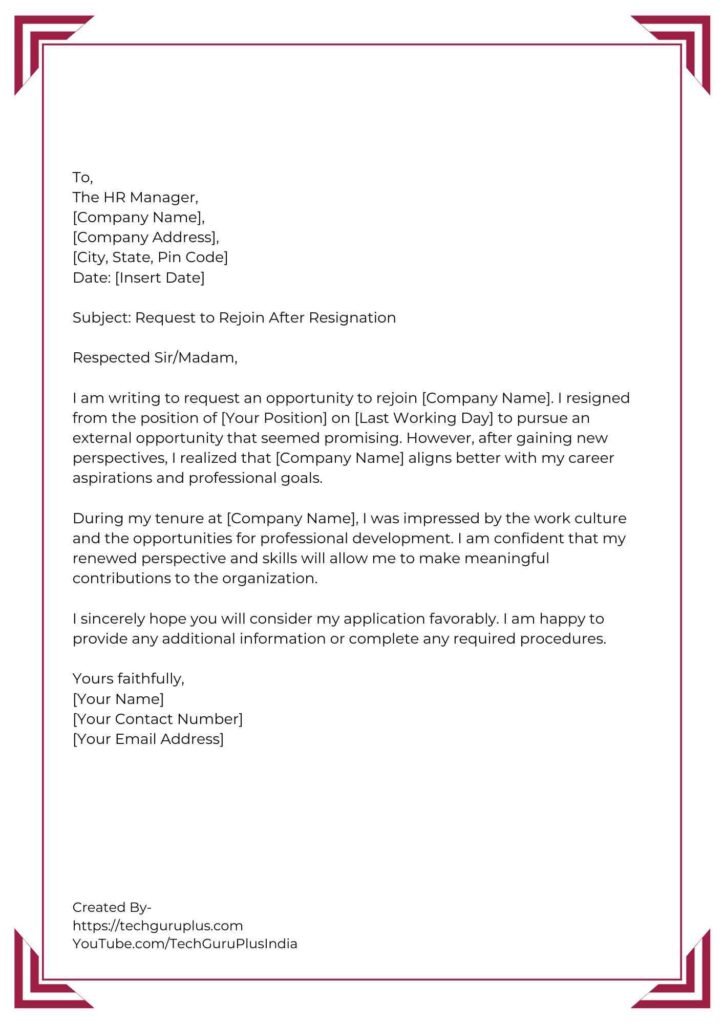 Application for Rejoining After Resignation [5 Format]