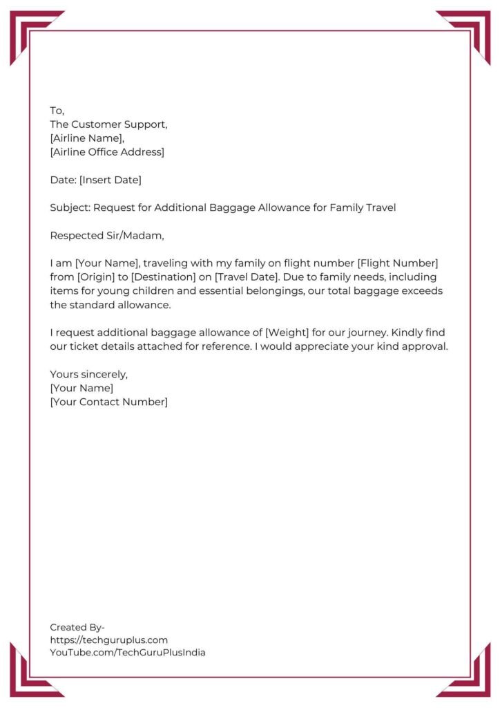 Application for Requesting Extra Baggage Allowance [5 Format]