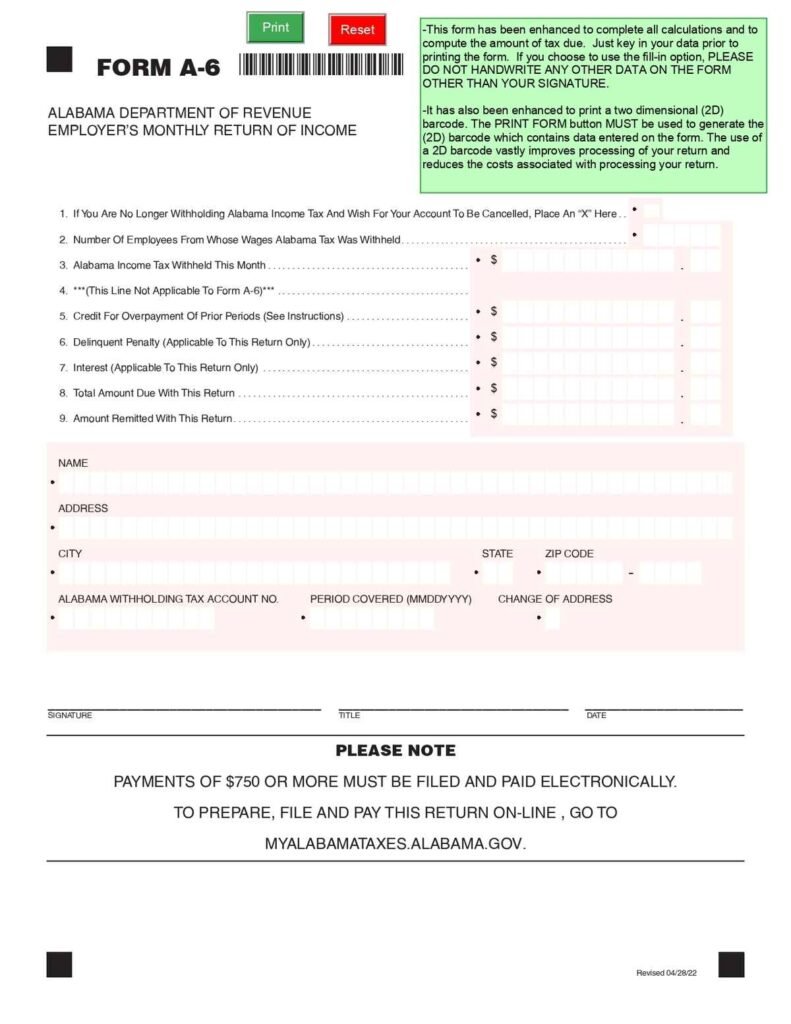 Alabama Employer's Monthly Return of Income Tax Withheld A-6 Form ...