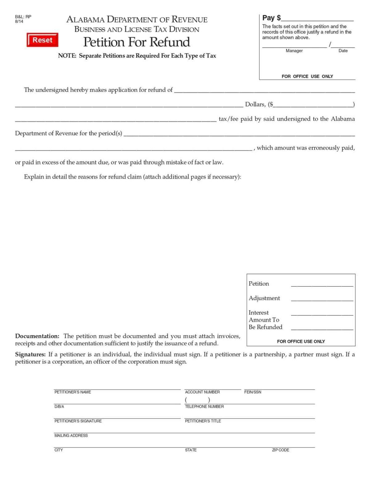 Alabama Petition for Refund B&L RP Form Download in PDF