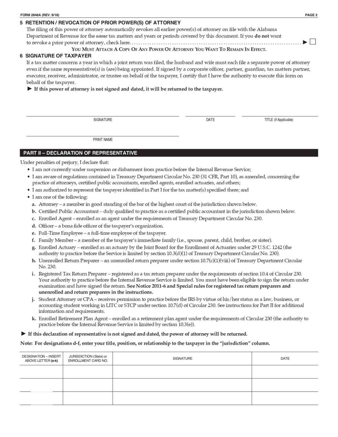 Alabama Power of Attorney and Declaration of Representative Form 2848A ...