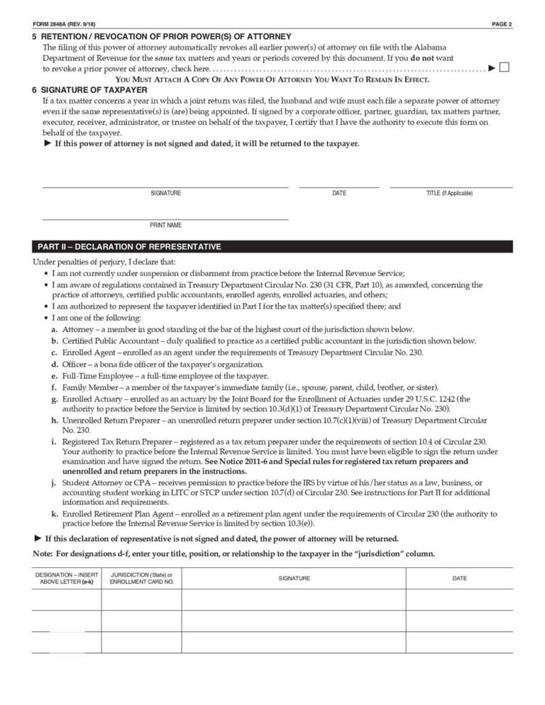 Alabama Power of Attorney and Declaration of Representative Form 2848A ...
