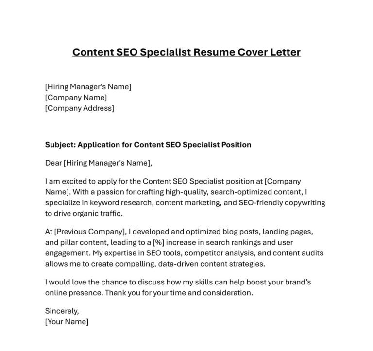 SEO Specialist Job Resume Cover Letter (5 Templates) Download in Word ...