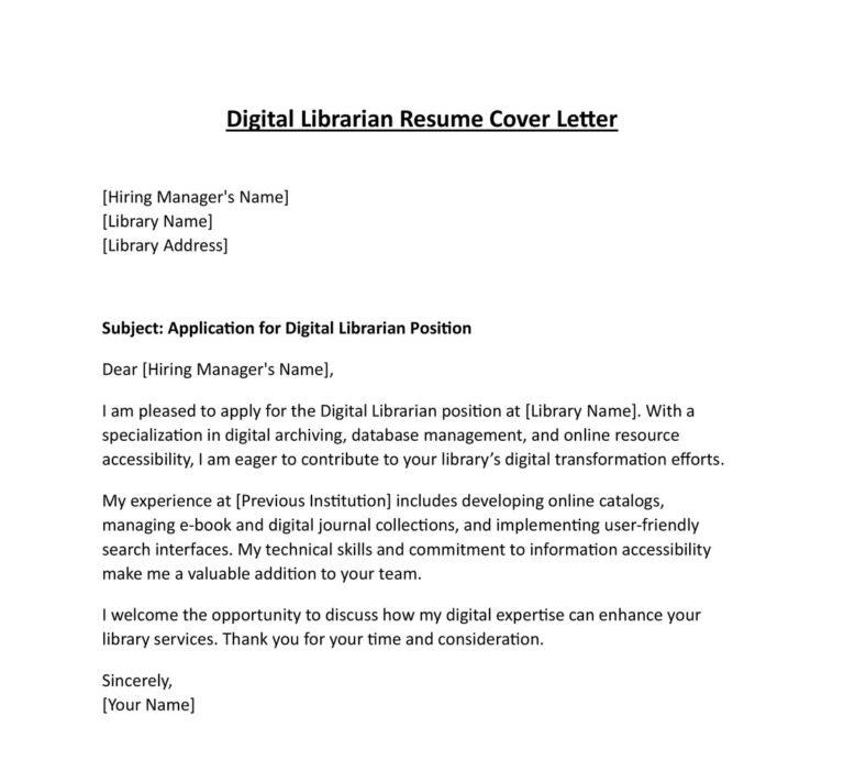 Librarian Job Resume Cover Letter (5 Templates) Download in Word (.docx)