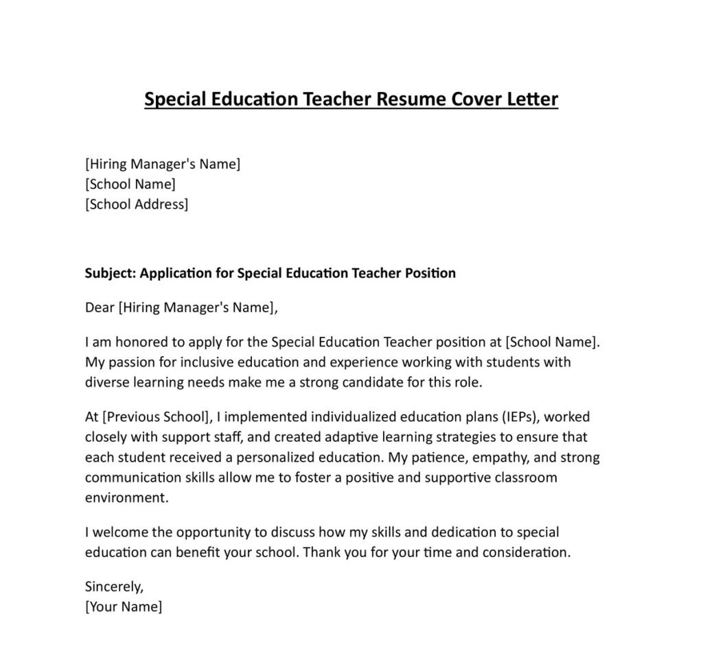 Teacher Job Resume Cover Letter (5 Templates) Download in Word (.docx)