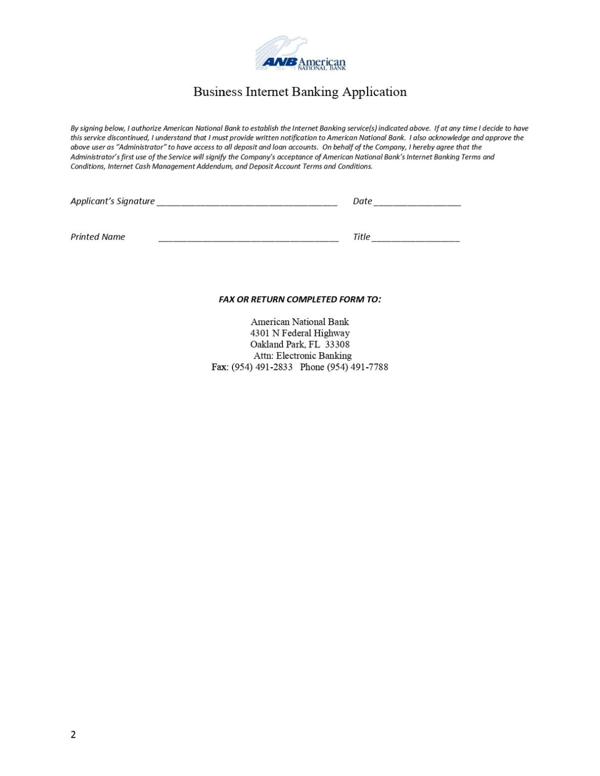 ANB American National Bank - Business Internet Banking Application Form in PDF