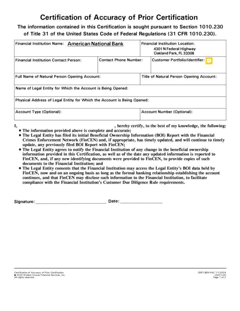 ANB American National Bank - Certification of Beneficial Ownership Form in PDF