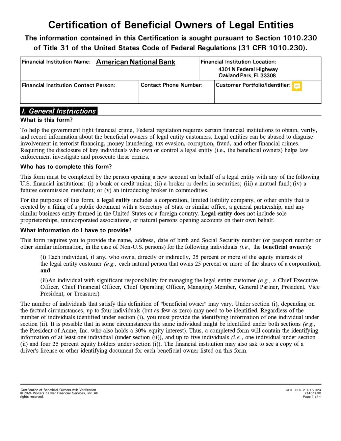 ANB American National Bank - Certification of Beneficial Ownership Form ...