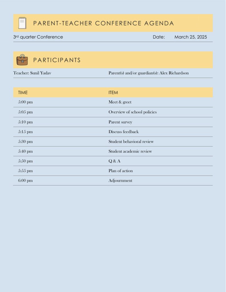 Parent-Teacher Conference Meeting Agenda Template Download in Word (.docx)