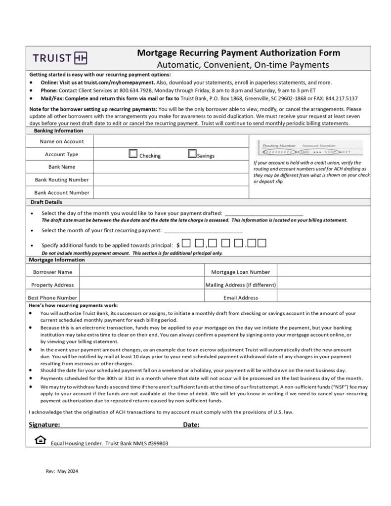 Truist - Mortgage Recurring Payment Authorization Form in PDF Download