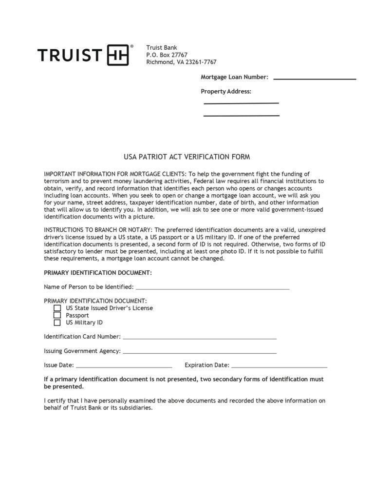 Truist - Patriot Act Verification Form in PDF Download