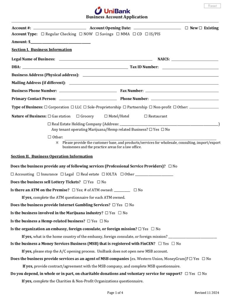 UniBank - Business Banking Application Form in PDF Download
