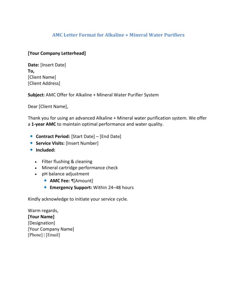 AMC Letter Format for Water Purifier (5 Templates) Download in Word (.docx)