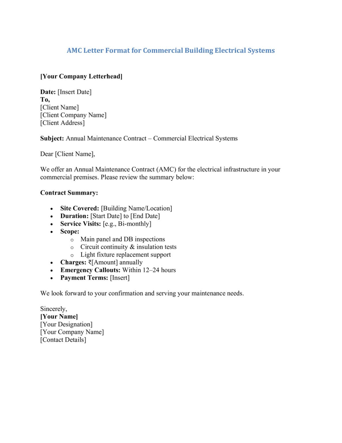 AMC Letter Format for Electrical Maintenance (5 Templates) Download in ...