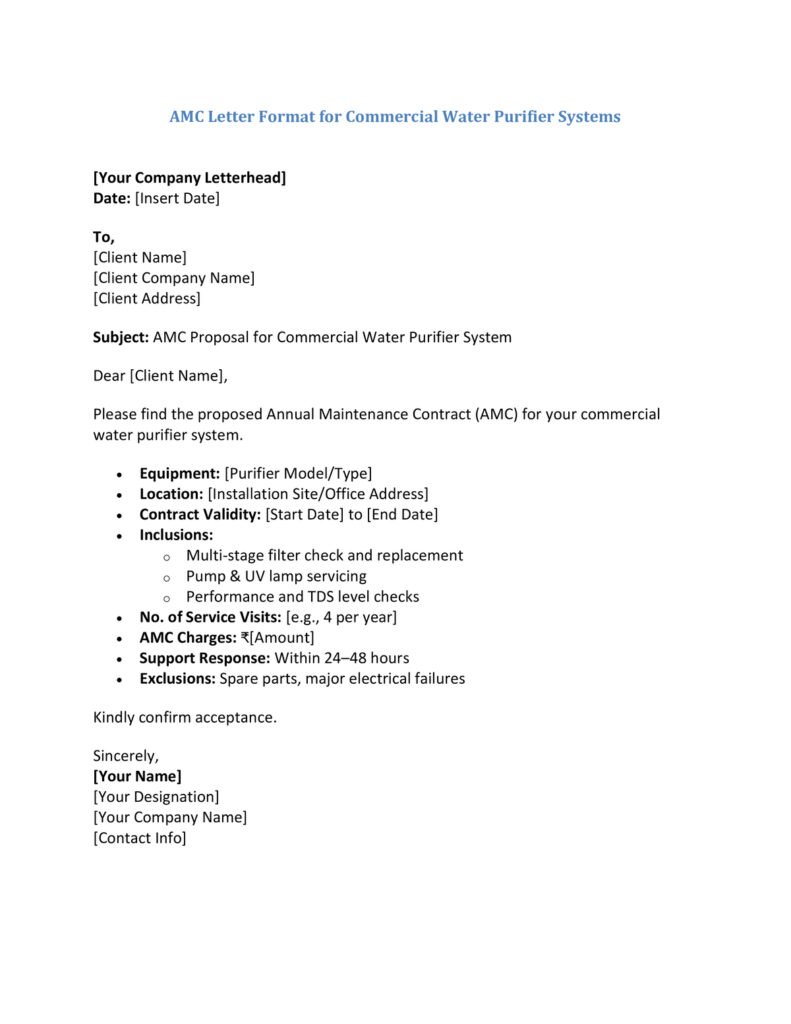 AMC Letter Format for Water Purifier (5 Templates) Download in Word (.docx)