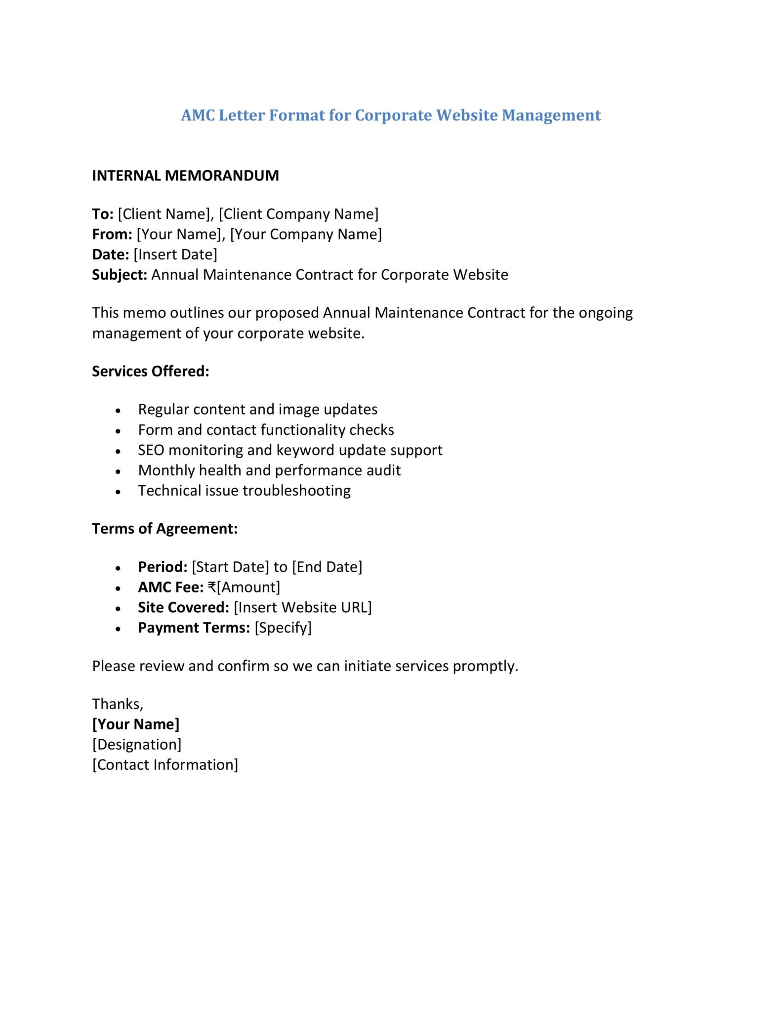 AMC Letter Format for Website Maintenance (5 Templates) Download in ...