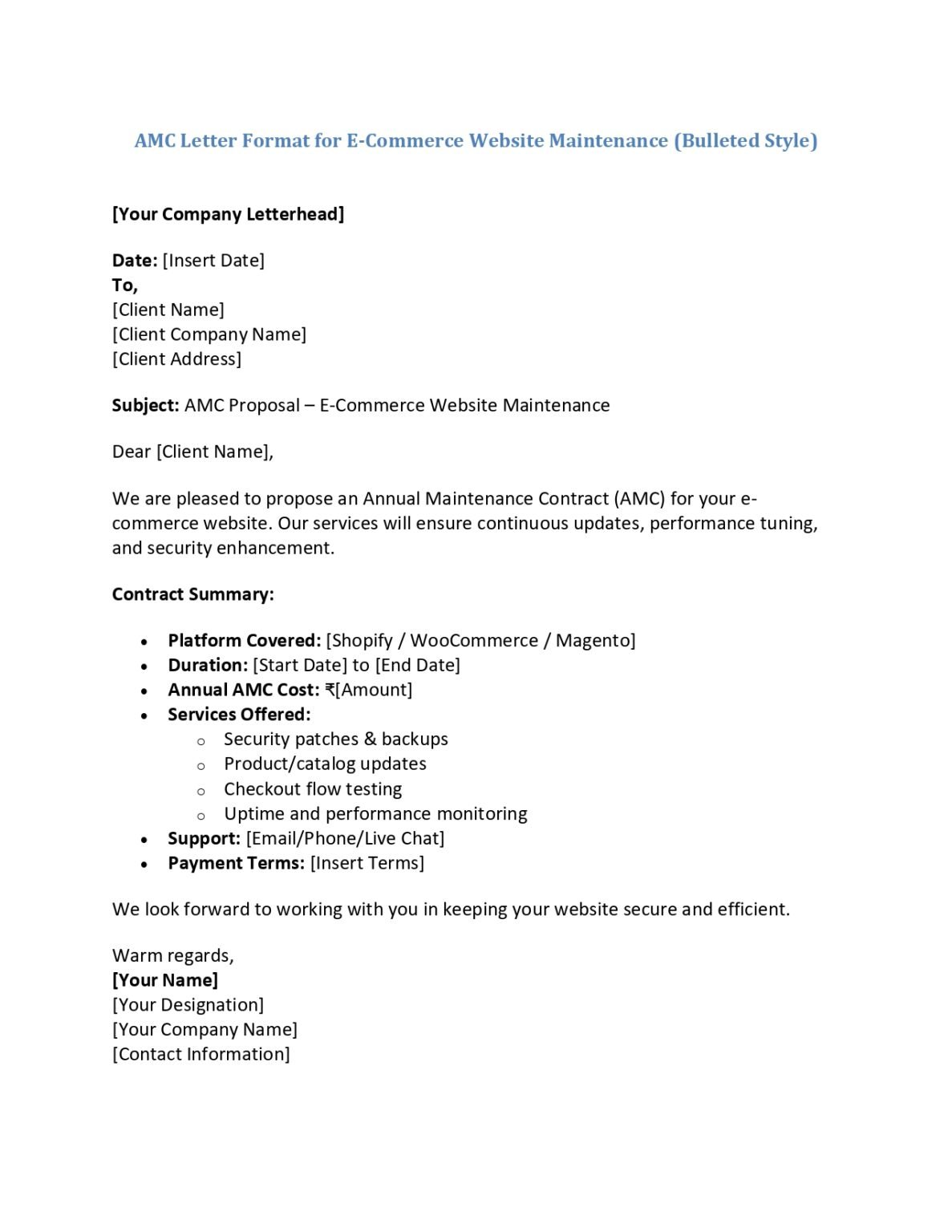 AMC Letter Format for Building Maintenance (5 Templates) Download in ...