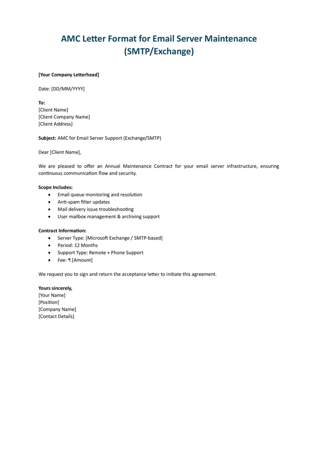 AMC Letter Format for Server Maintenance (5 Templates) in Word (.docx)