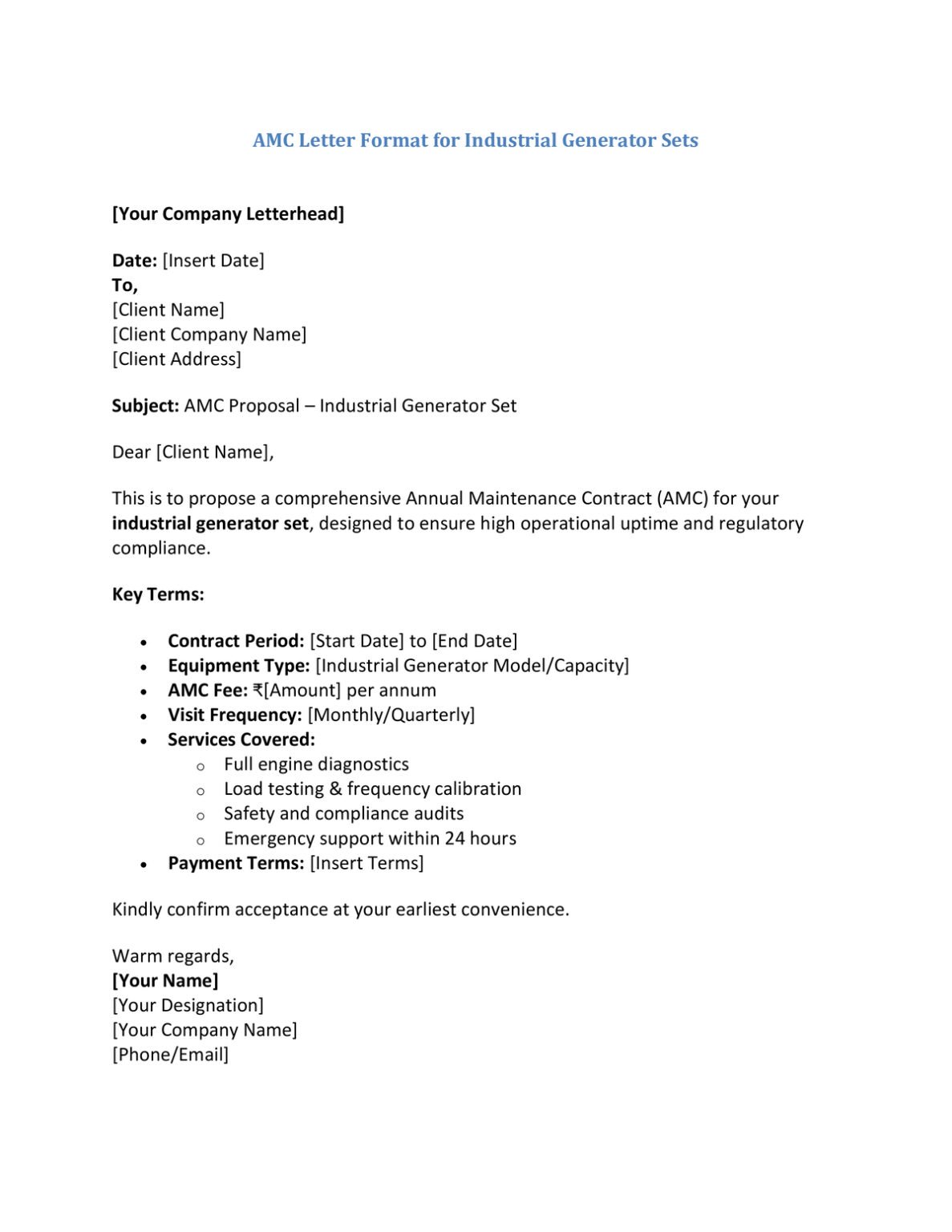 AMC Letter Format for Generator Maintenance (5 Templates) Download in ...