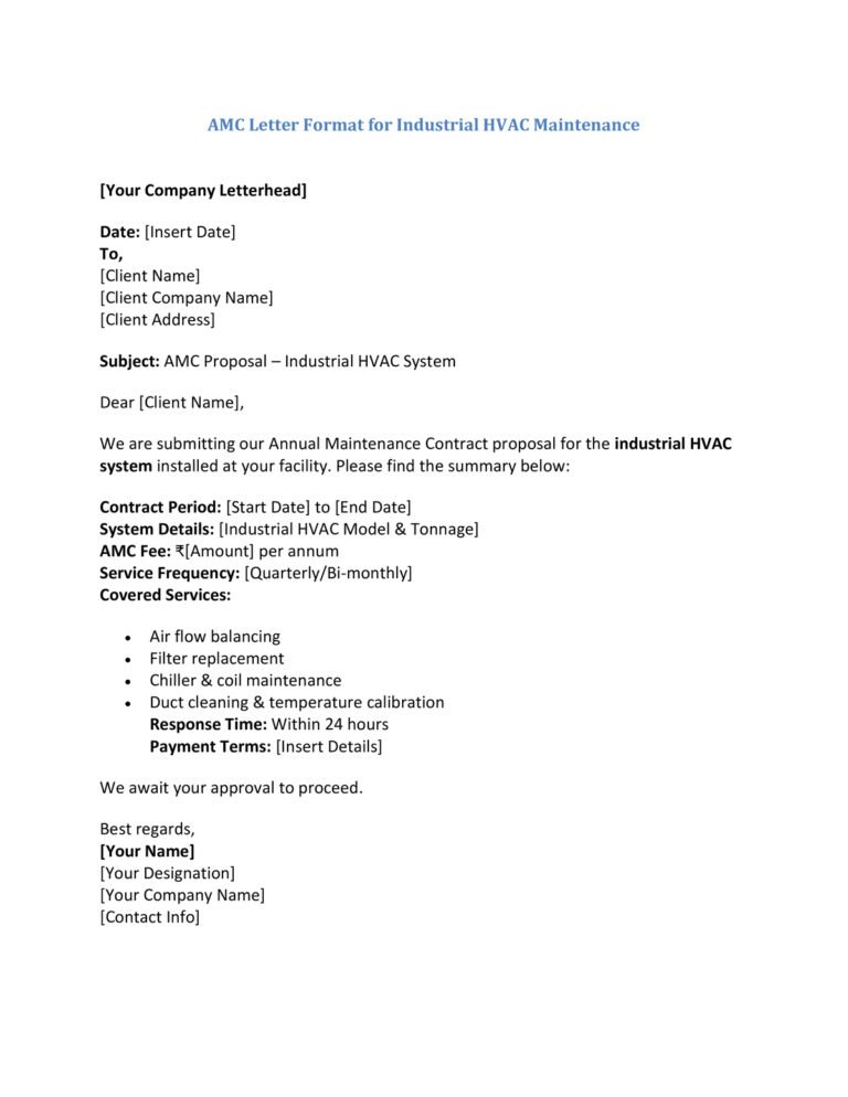 AMC Letter Format for HVAC System (5 Templates) Download in Word (.docx)