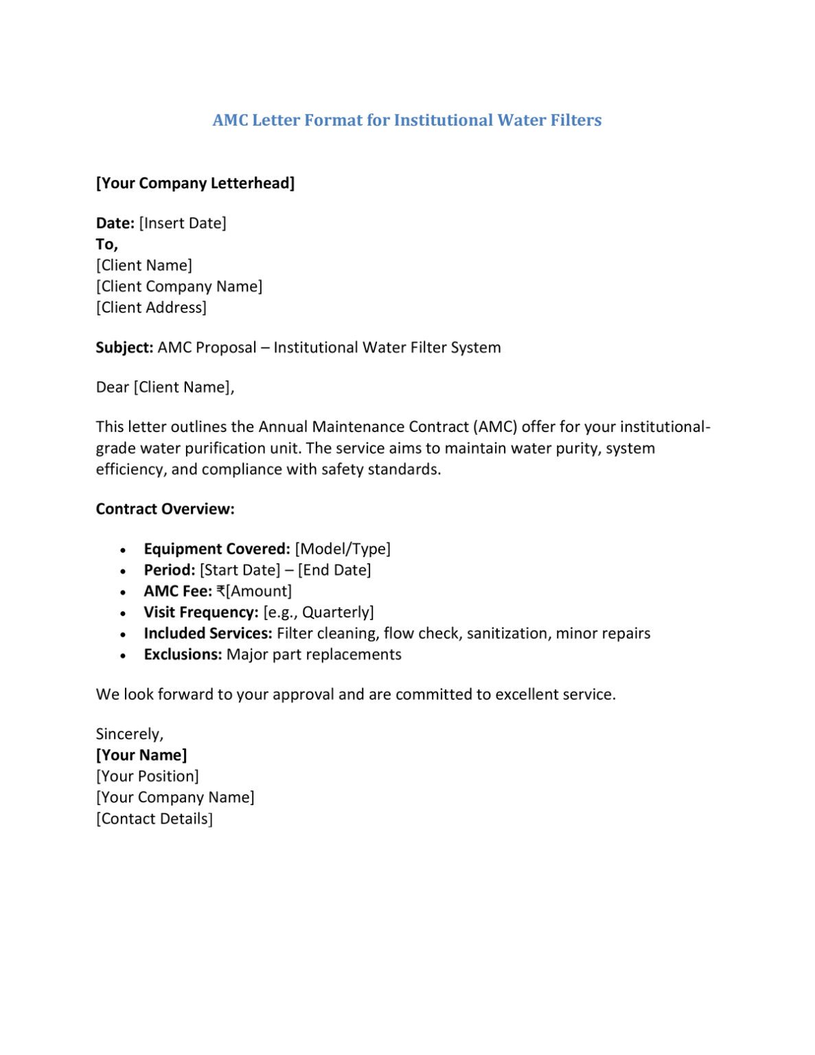 AMC Letter Format for Water Purifier (5 Templates) Download in Word (.docx)