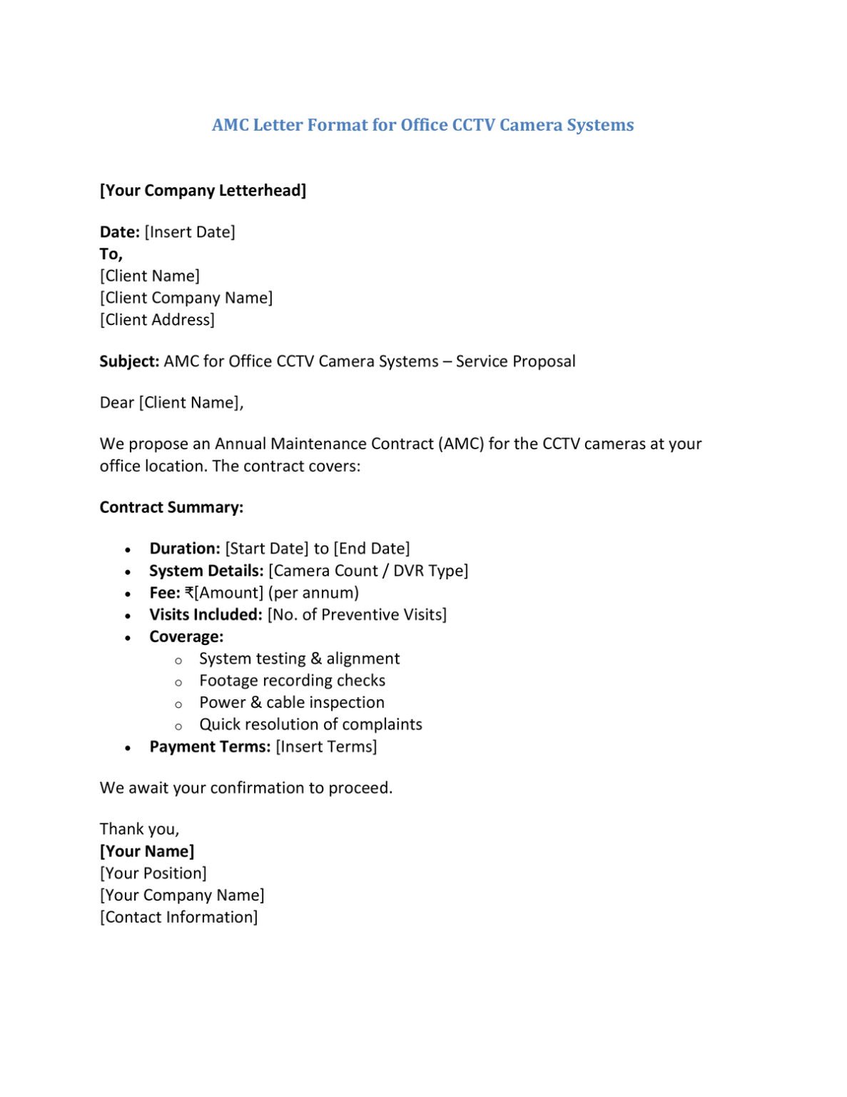 AMC Letter Format for CCTV Camera (5 Templates) Download in Word (.docx)
