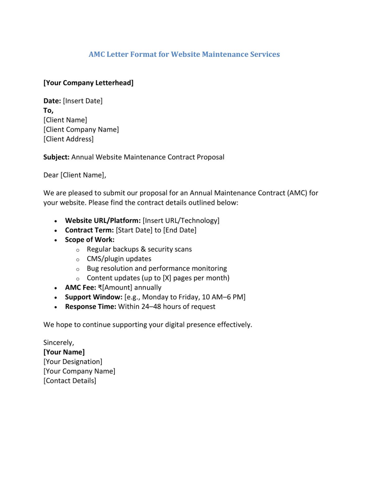 AMC Letter Format for Software Services (5 Templates) Download in Word ...
