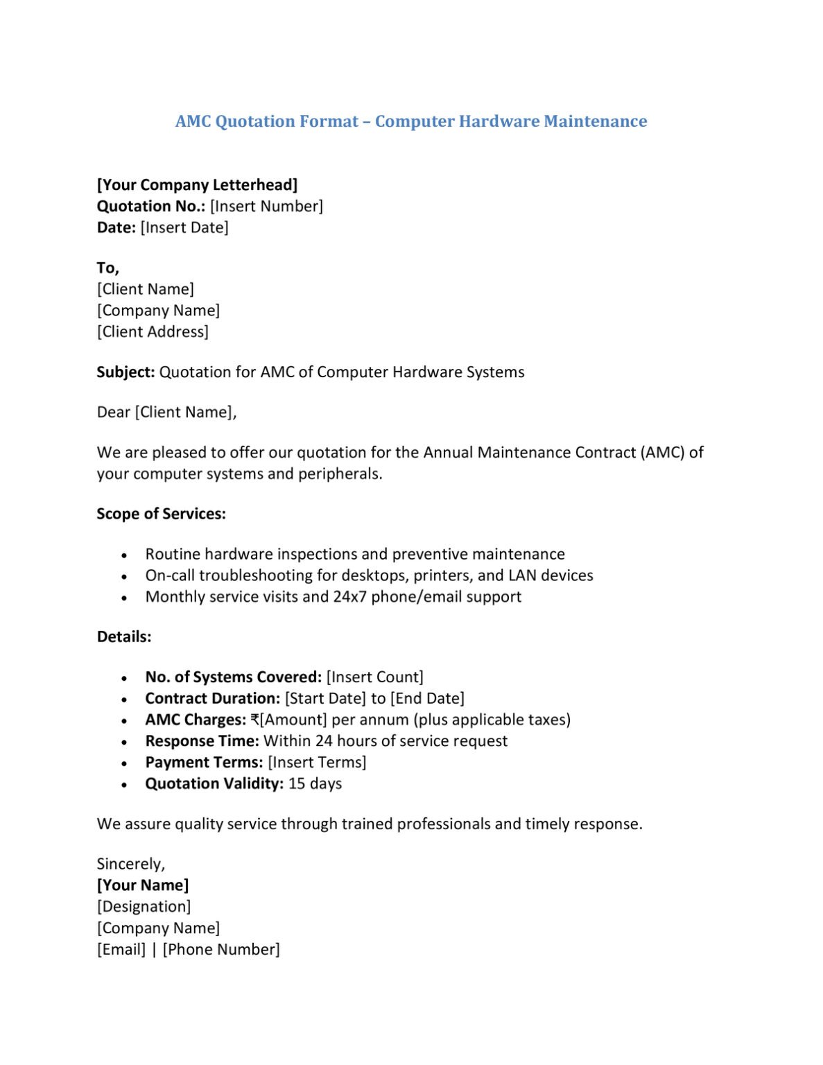 AMC Letter Format for Quotation (5 Templates) Download in Word (.docx)