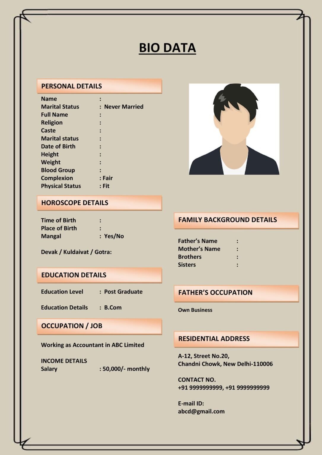 Biodata Template with Contact Section (Download Word .docx)