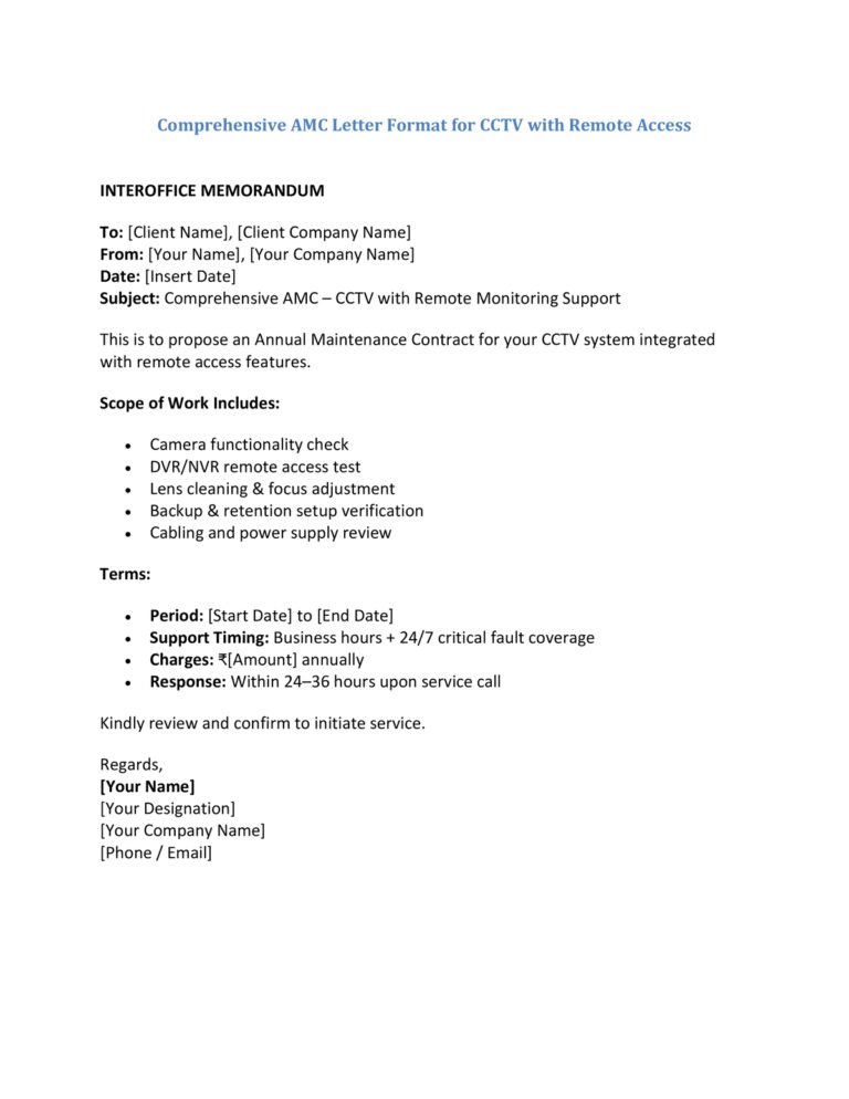 AMC Letter Format for CCTV Camera (5 Templates) Download in Word (.docx)