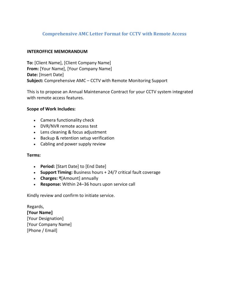 AMC Letter Format for CCTV Camera (5 Templates) Download in Word (.docx)