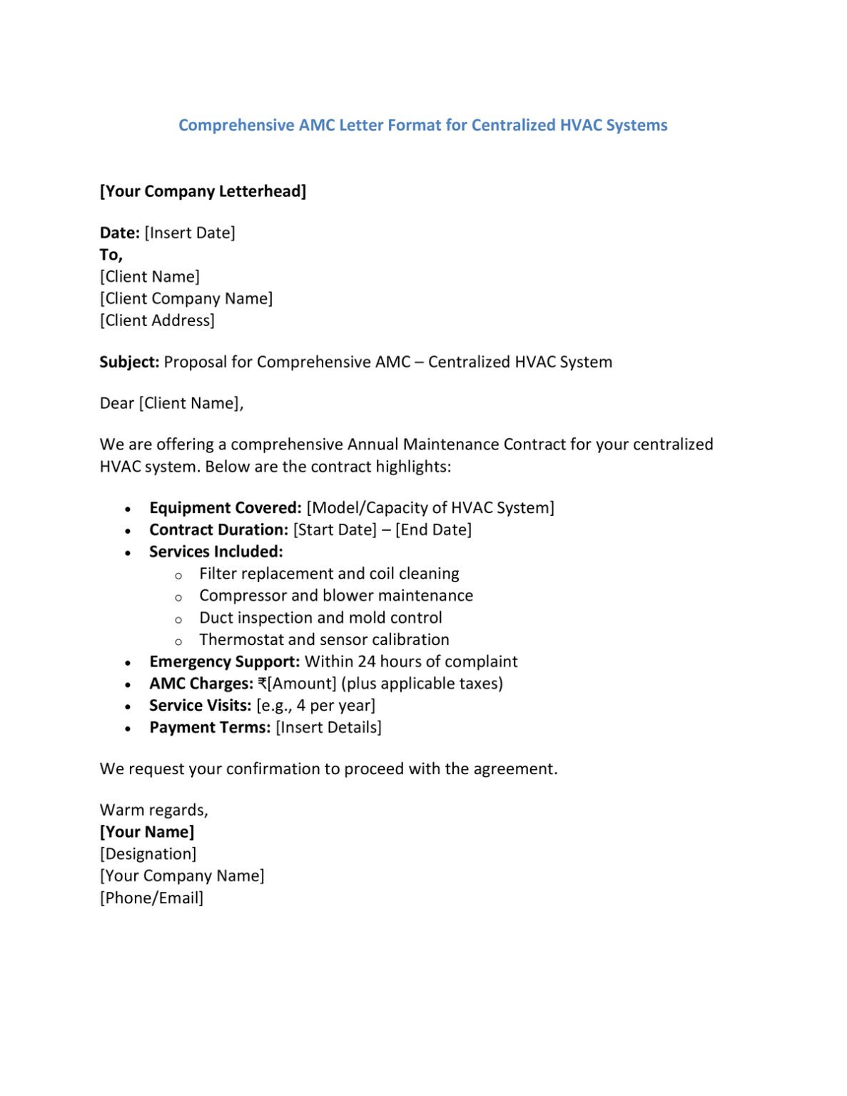 AMC Letter Format for HVAC System (5 Templates) Download in Word (.docx)