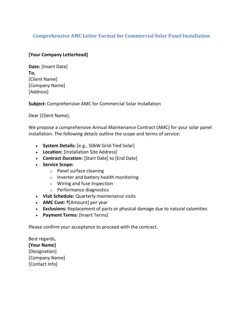 AMC Letter Format for Solar Panel System (5 Templates) Download in Word ...