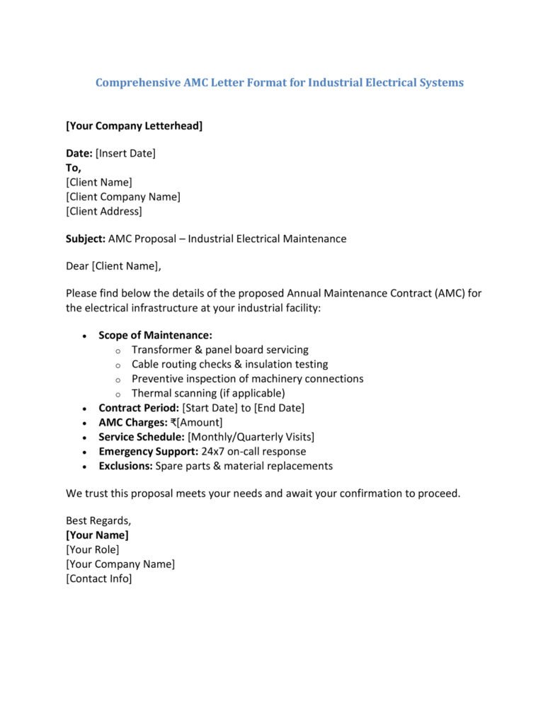 AMC Letter Format for Electrical Maintenance (5 Templates) Download in ...