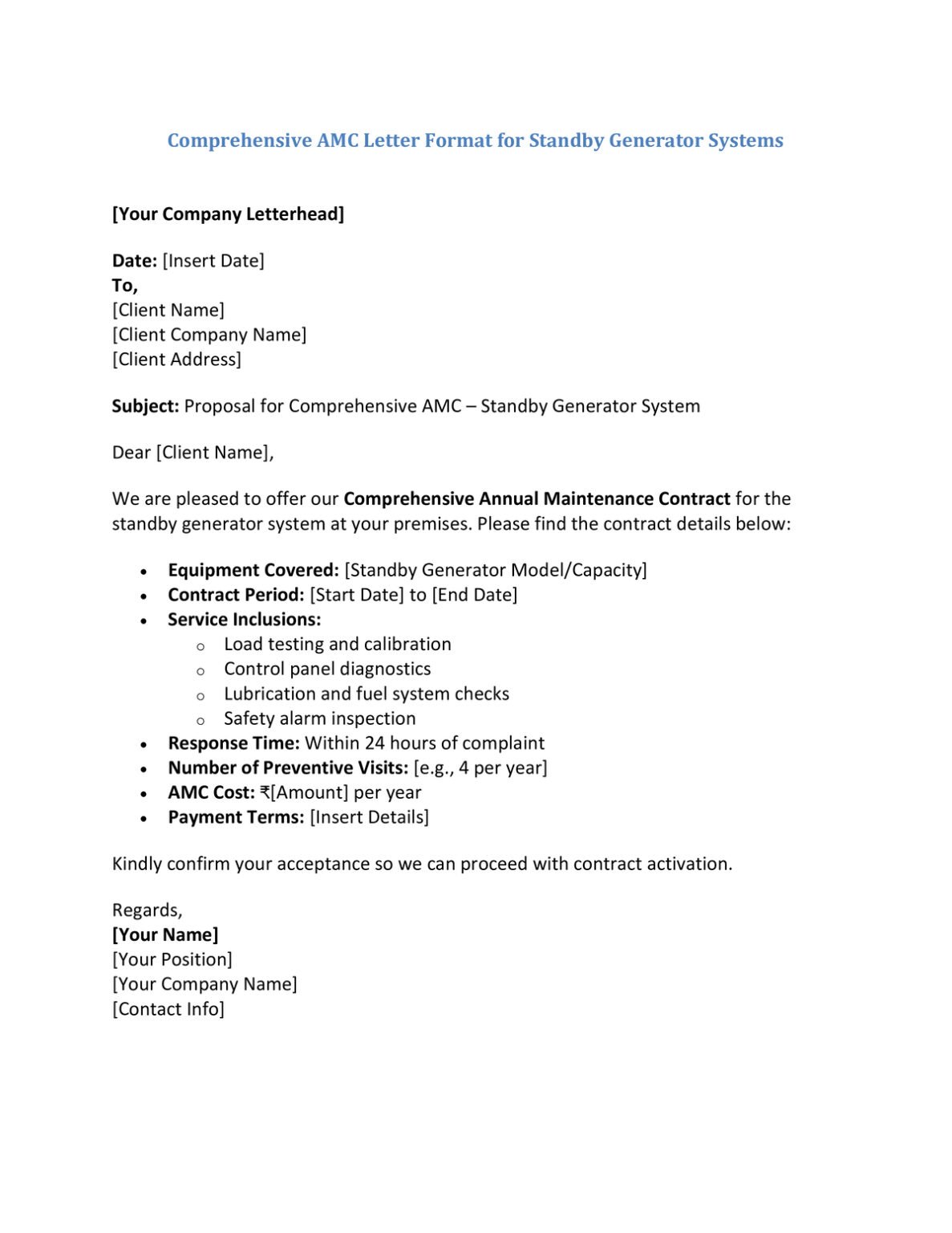 AMC Letter Format for Generator Maintenance (5 Templates) Download in ...