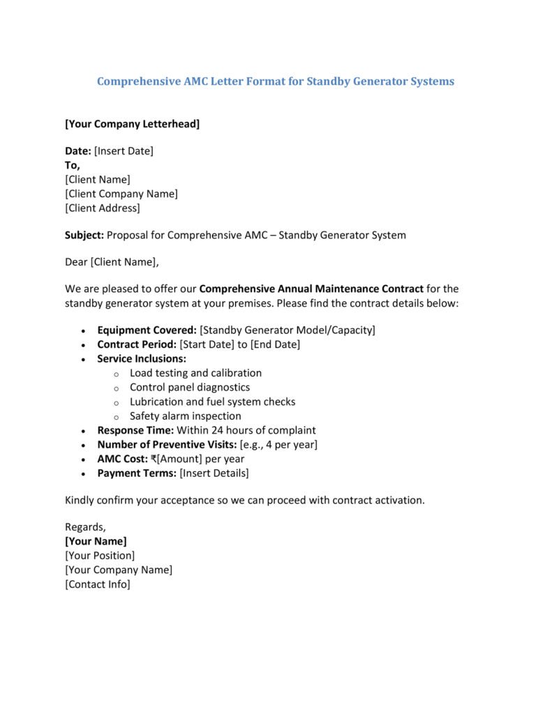 AMC Letter Format for Generator Maintenance (5 Templates) Download in ...