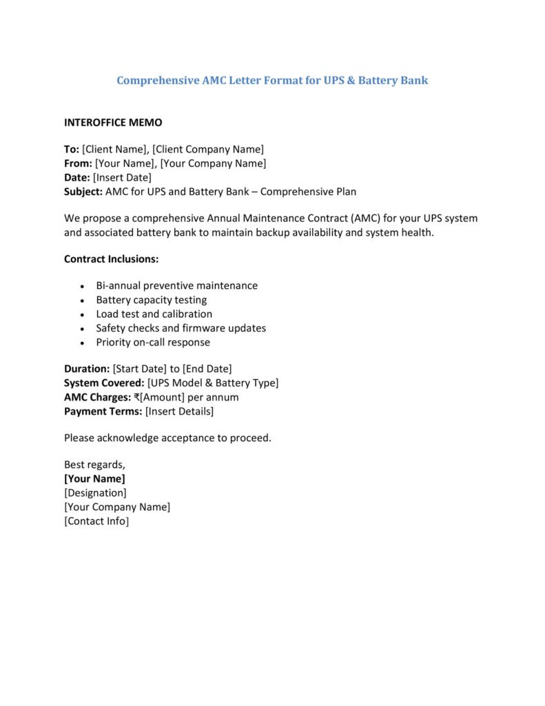 AMC Letter Format for UPS & Inverter (5 Templates) Download in Word (.docx)