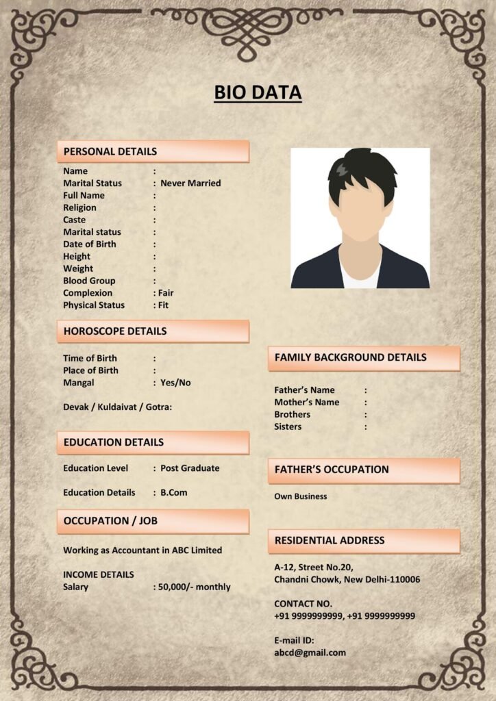 Marriage Biodata Format with Editable Page Border (Download Word .docx)