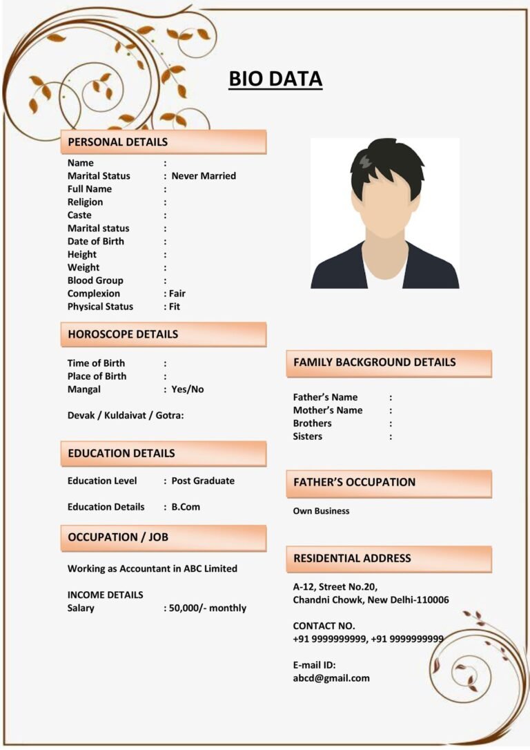 Simple Marriage Biodata in Black & White (Download Word .docx)