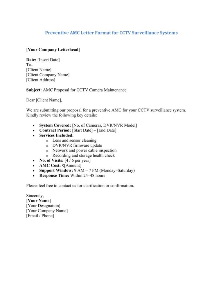 AMC Letter Format for CCTV Camera (5 Templates) Download in Word (.docx)