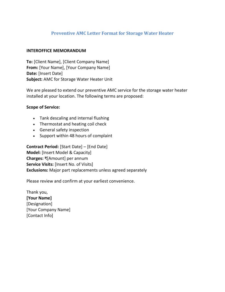 AMC Letter Format for Geyser/Water Heater (5 Templates) Download in ...