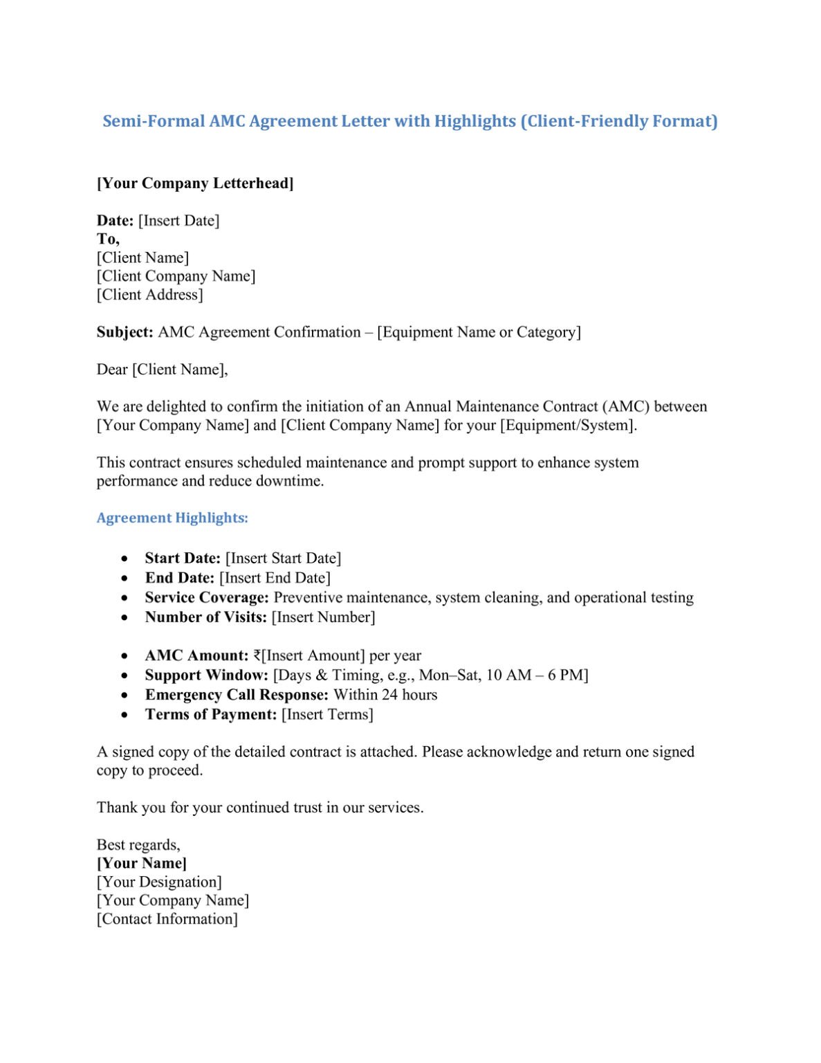 AMC Letter Format for agreement (5 Templates) Download in Word (.docx)