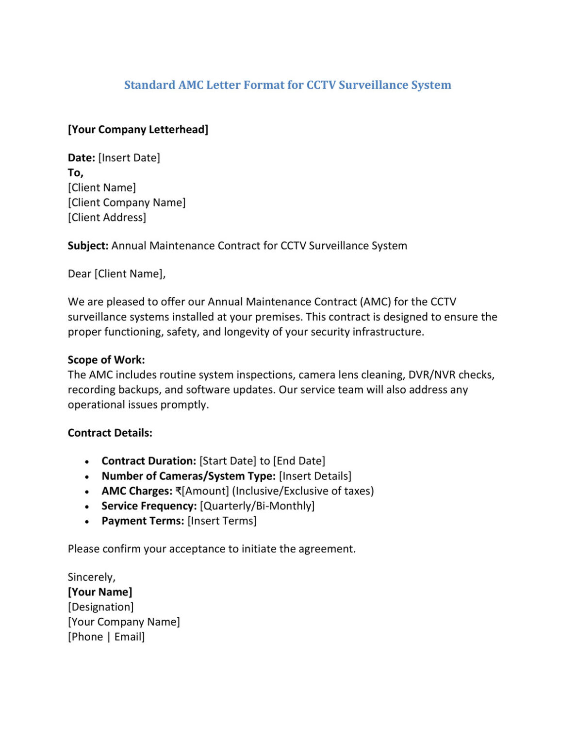 AMC Letter Format for Security System (5 Templates) Download in Word ...