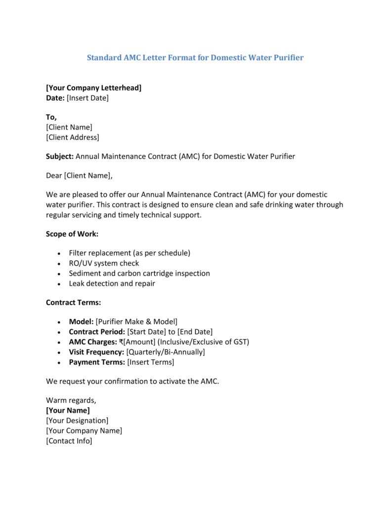 AMC Letter Format for Water Purifier (5 Templates) Download in Word (.docx)