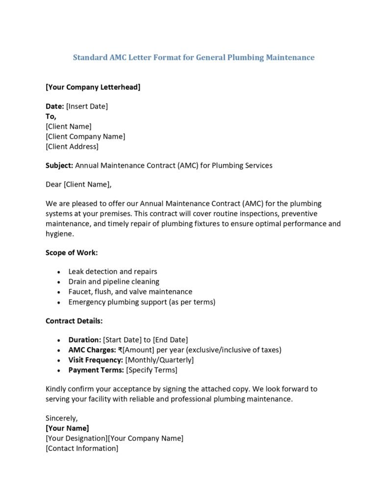 AMC Letter Format for Plumbing Services (5 Templates) Download in Word ...