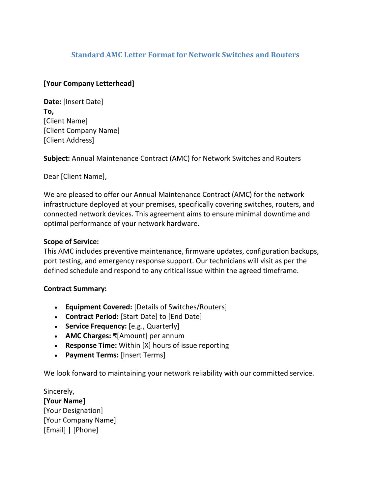 AMC Letter Format for Network Equipment (5 Templates) Download in Word ...